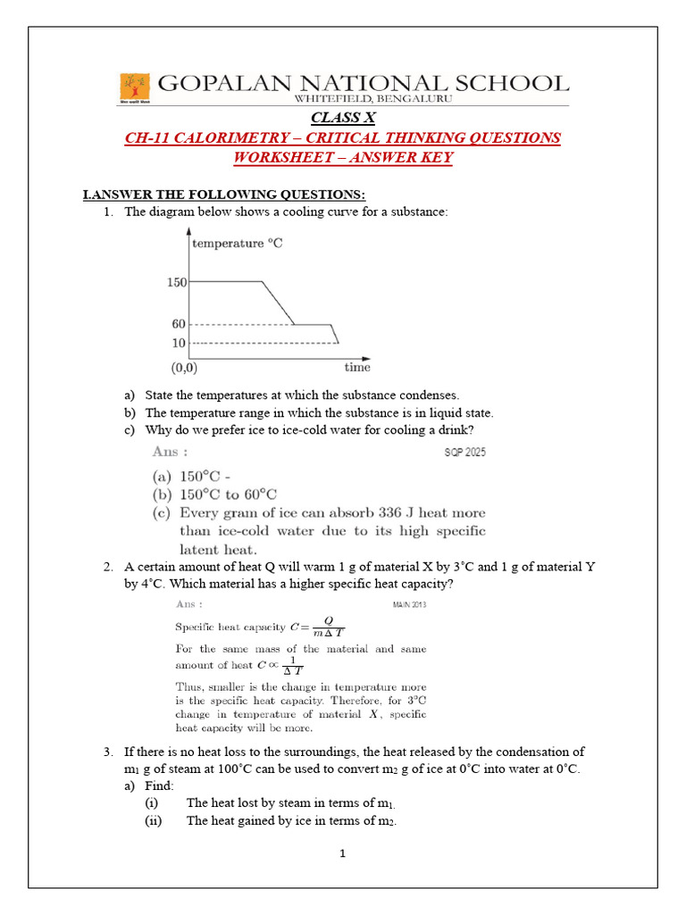 CH-11 Calorimetry Answer Key CFQ Revision Worksheet | PDF | Heat | Water