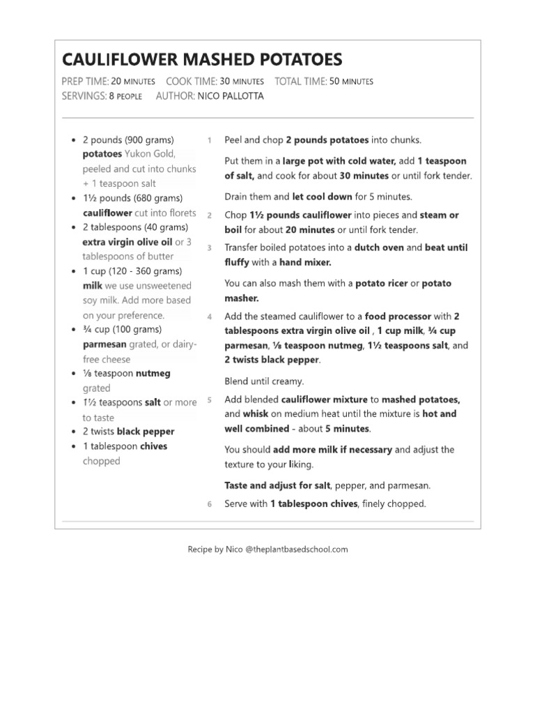 Cauliflower Mashed Potatoes - The Plant Based School | PDF | Computers