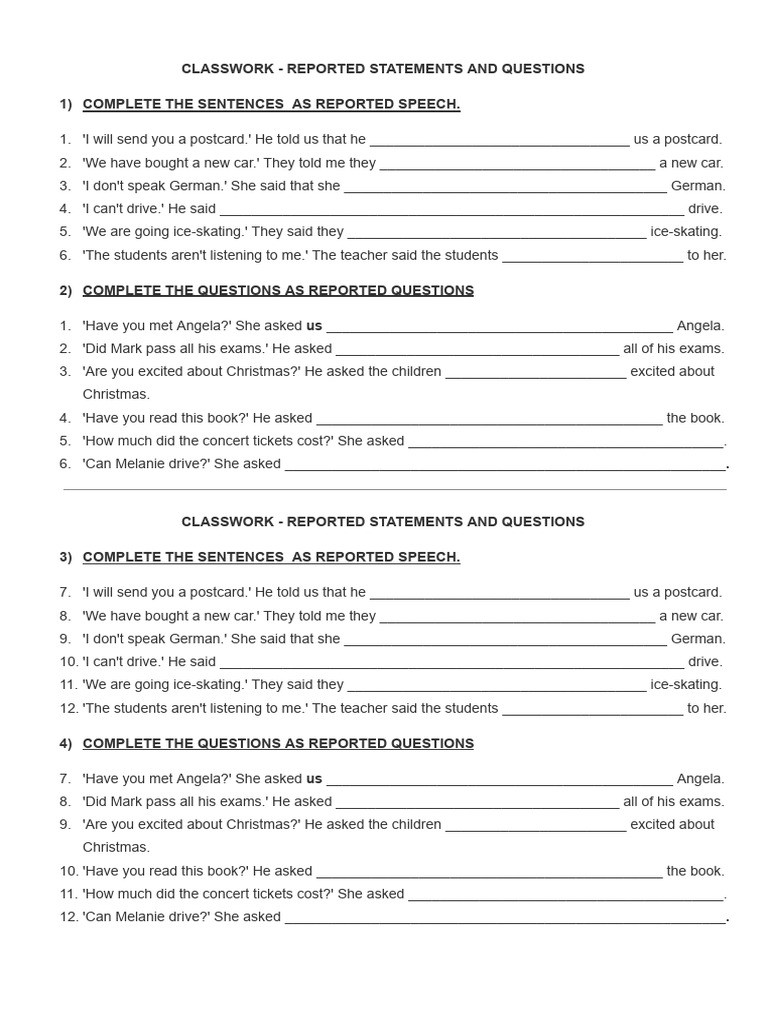 Classwork - Reported Statements and Questions | PDF | Linguistics