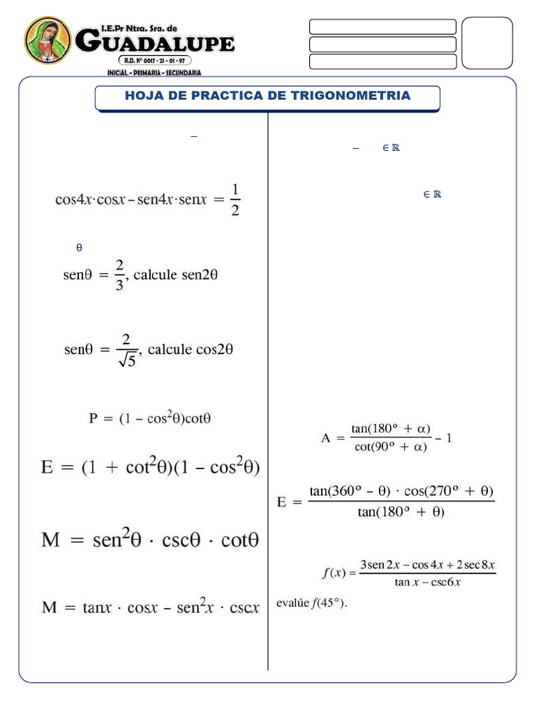 Hoja de Practica Trigonometria 3er Año-2 | PDF