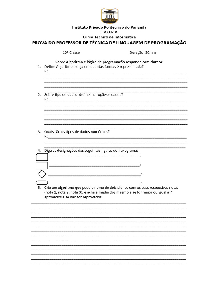Prova de TLP Da 10 Classe | PDF | Algoritmos | Classe (programação de ...