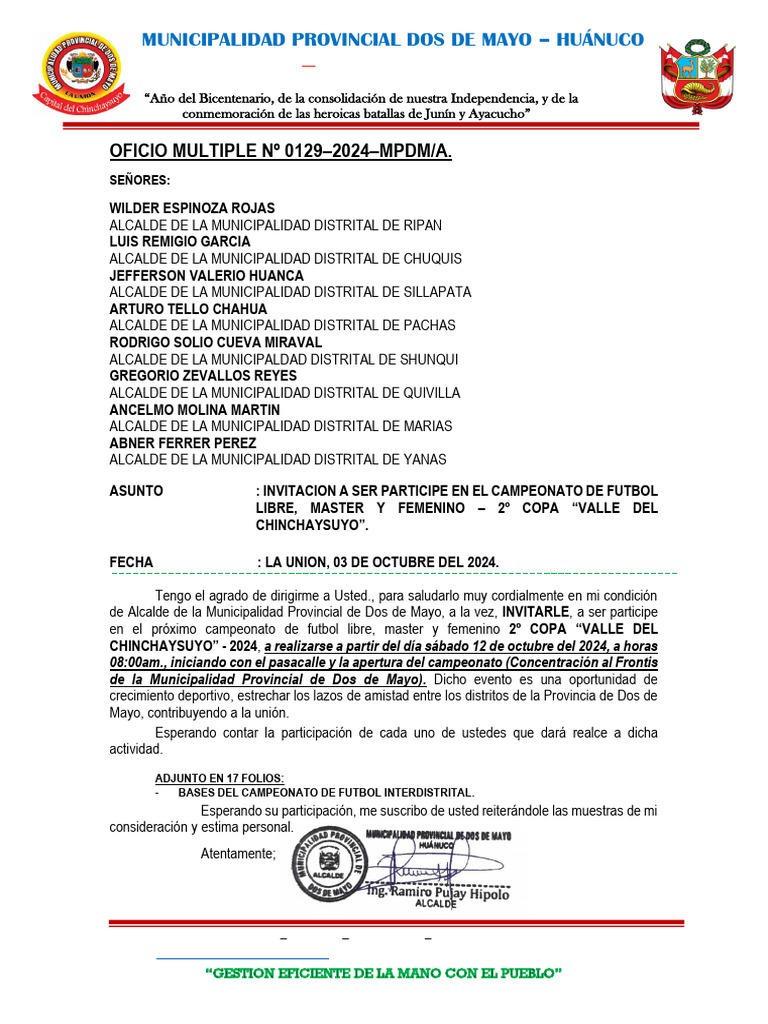 Oficio Multiple #0129-2024-MPDM | PDF | Árbitro | Documento de identidad
