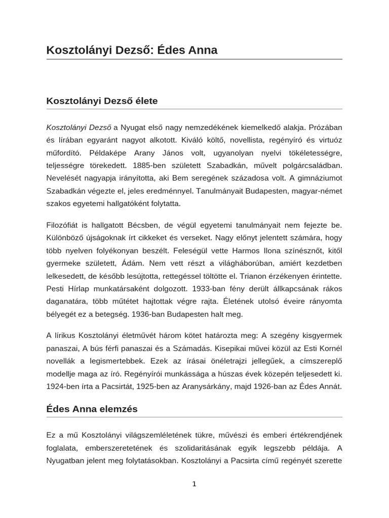Kosztolányi Dezső - Édes Anna | PDF
