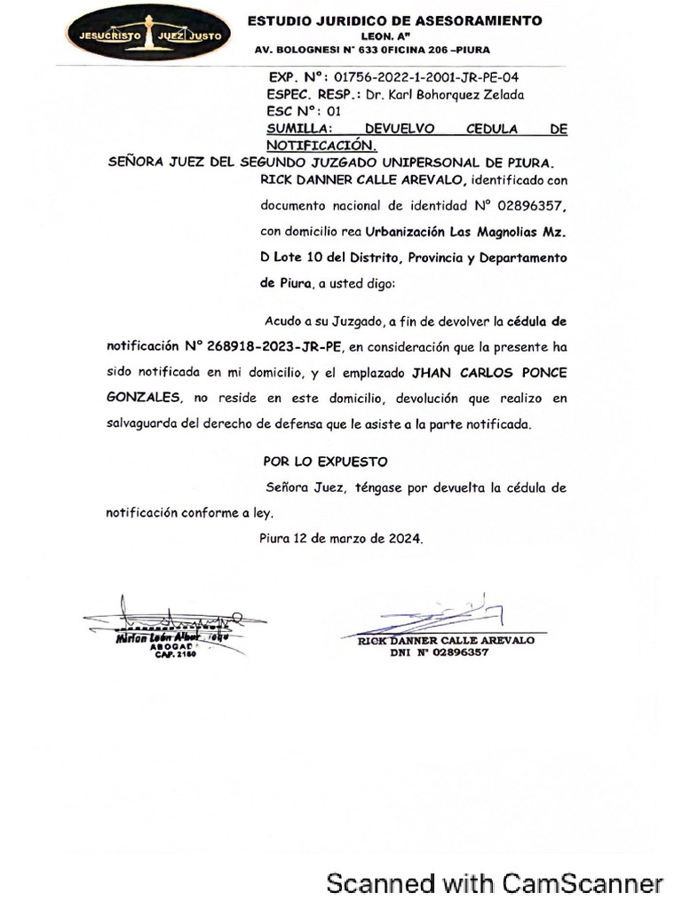 Modleo Escrito Devolucion de Cedula Notificacion | PDF