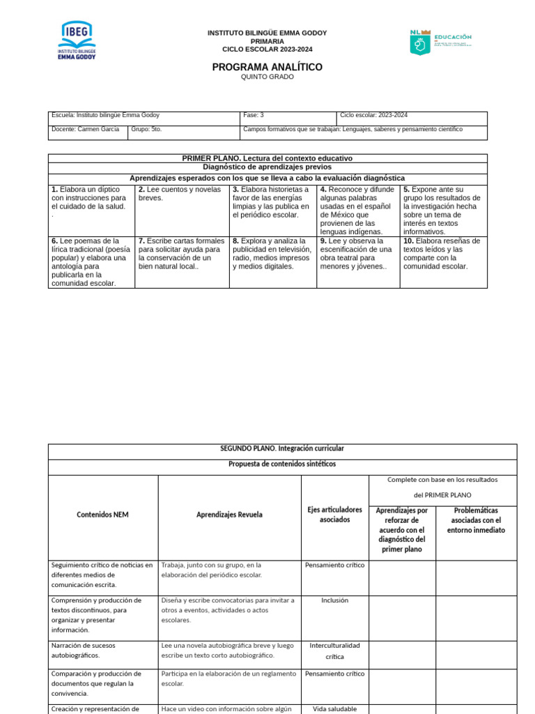 Programa Analítico 5to. Grado 2023-2024 | PDF | Evaluación | Narración