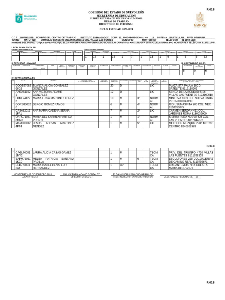 Rh18-Directorio de Personal Primaria | PDF