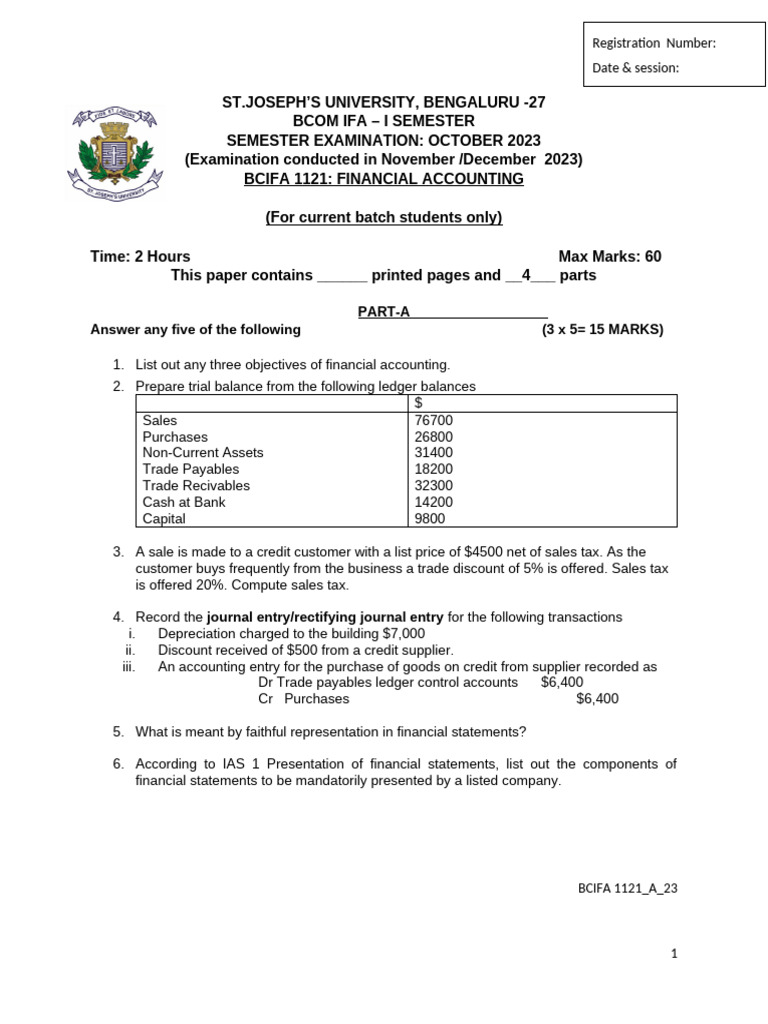 Sju Bcom Ifa Acca Financial Accounting Ug-1st Sem Question Paper | PDF ...