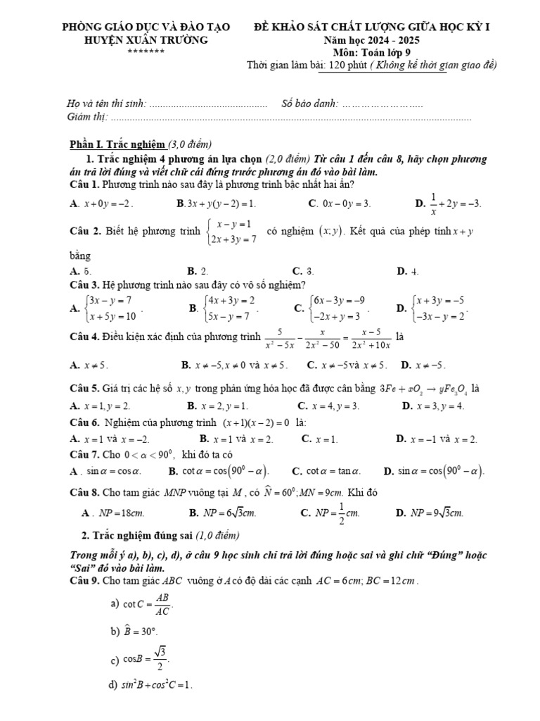 De Giua Hoc Ky 1 Toan 9 Nam 2024 2025 Phong GDDT Xuan Truong Nam Dinh | PDF