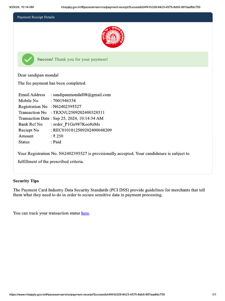 NTPC (UG) Payment Slip | PDF