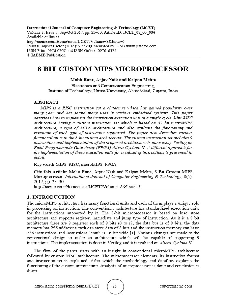 8 Bit Custom Mips Microprocessor | PDF | Computer Hardware | Computer Engineering