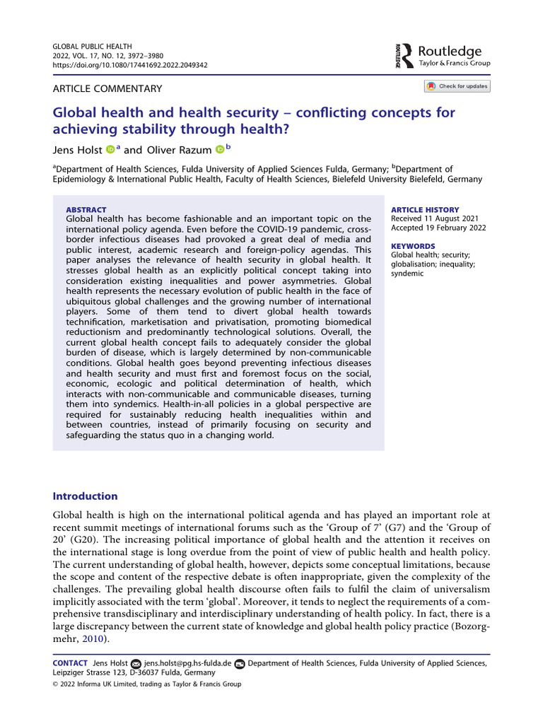 Global Health and Health Security - Conflicting Concepts For | PDF | Global Health | Public Health
