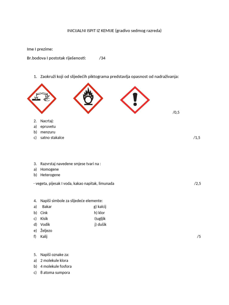 Inicijalni Ispit Iz Kemije U 8r | PDF
