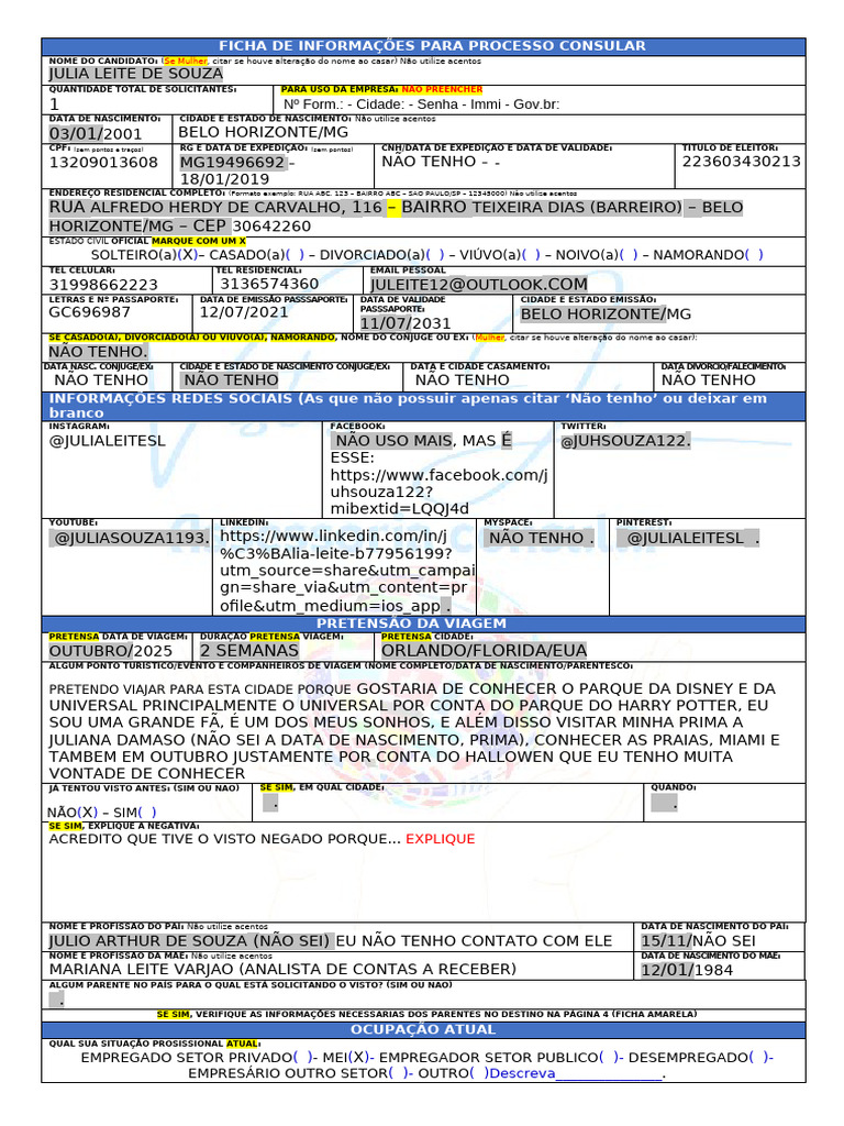 Ficha de Informações para Visto Consular | PDF