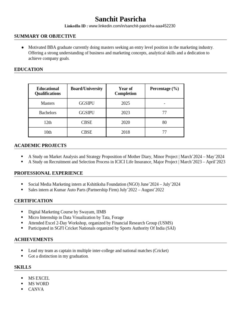 Entry-Level Marketing Resume for Sanchit | PDF | Business