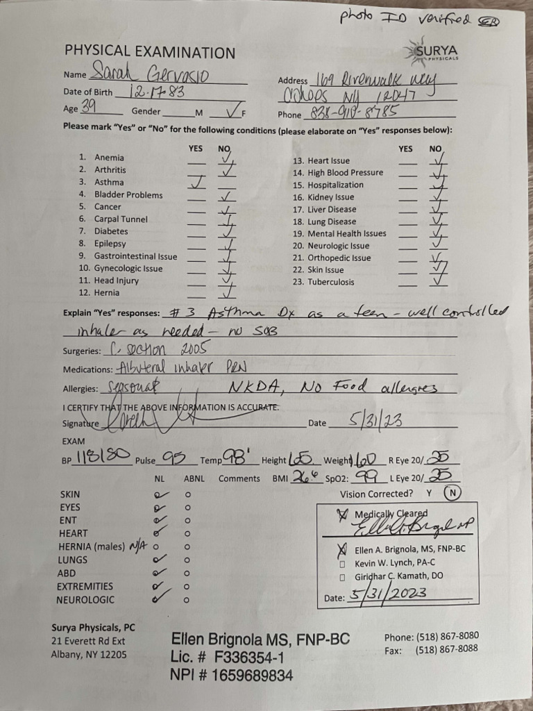 Sarah Lee Bonilla - Physical Fit and Medical Recod | PDF