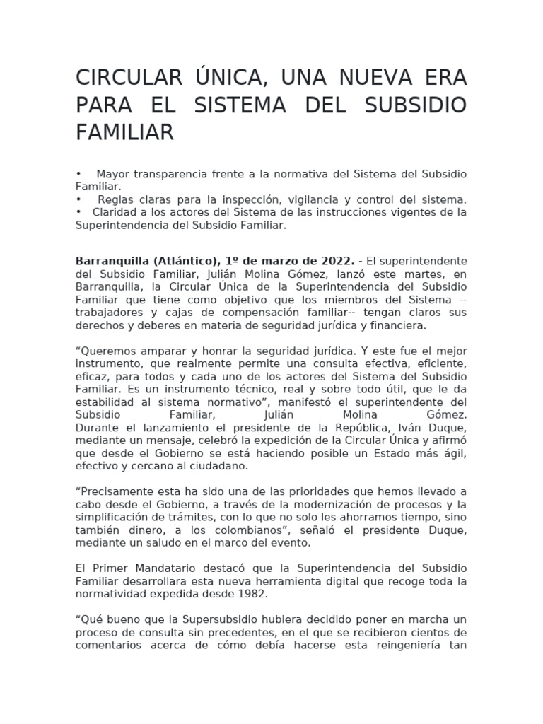 Circular Única del Subsidio Familiar | PDF | Contabilidad