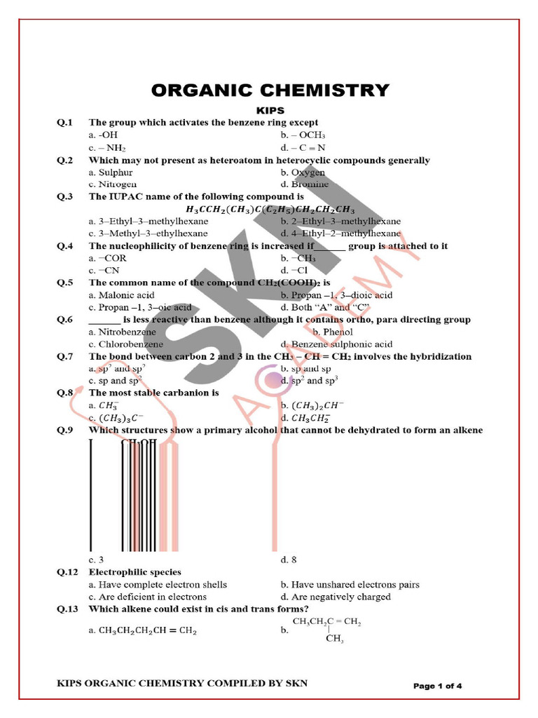 Kips Organic Chemistry 450 Mcqs Worksheet by Skn-1 | PDF