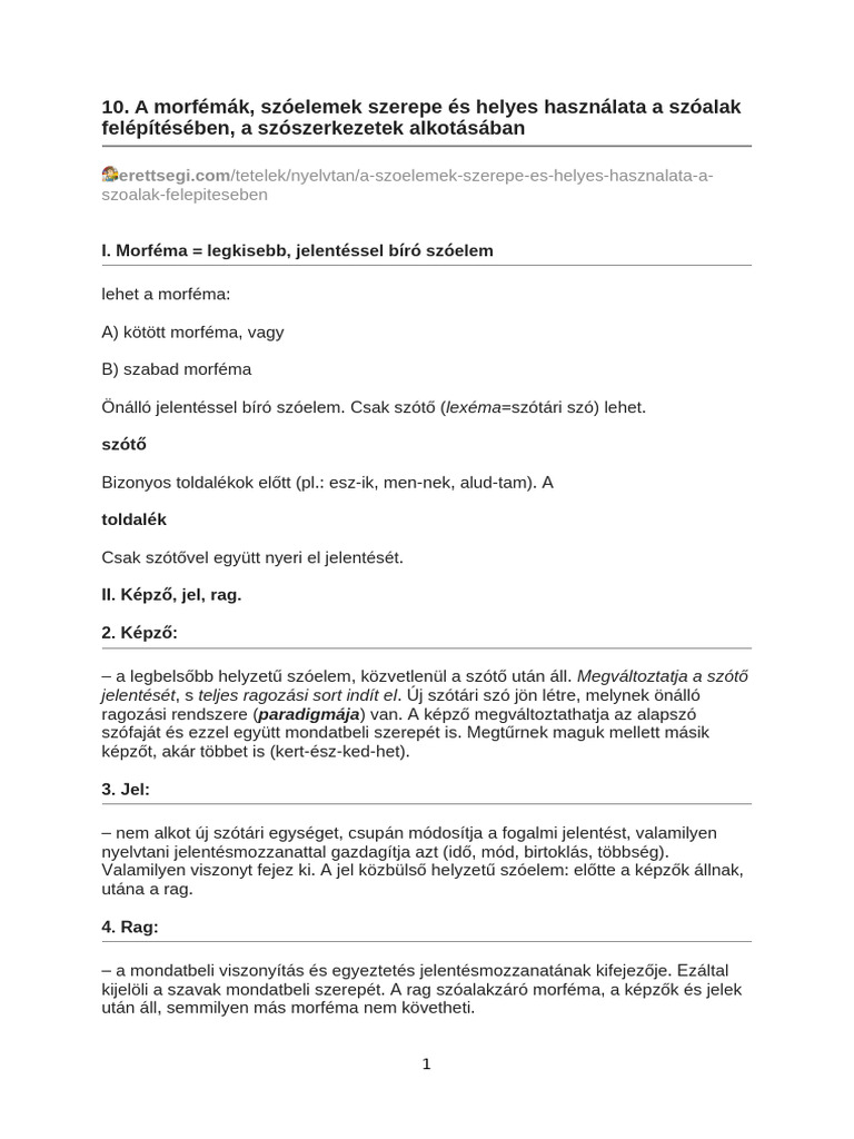 A Morfémák, Szóelemek Szerepe És Helyes Használata | PDF