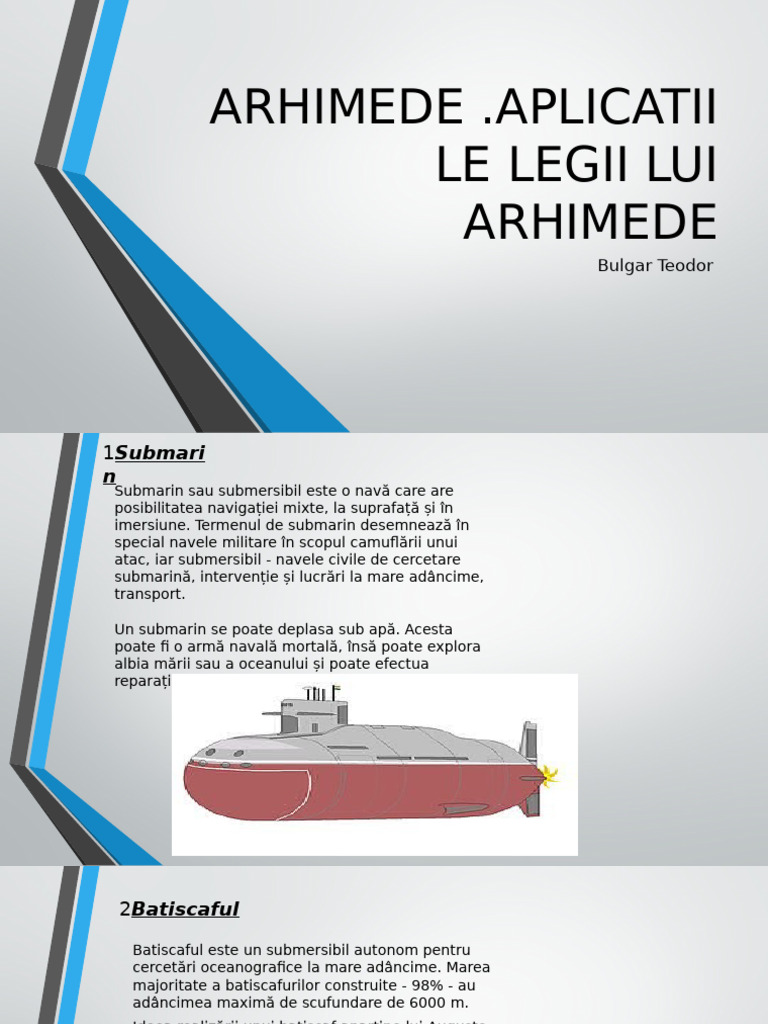 Arhimede .Aplicatiile Legii Lui Arhimede | PDF