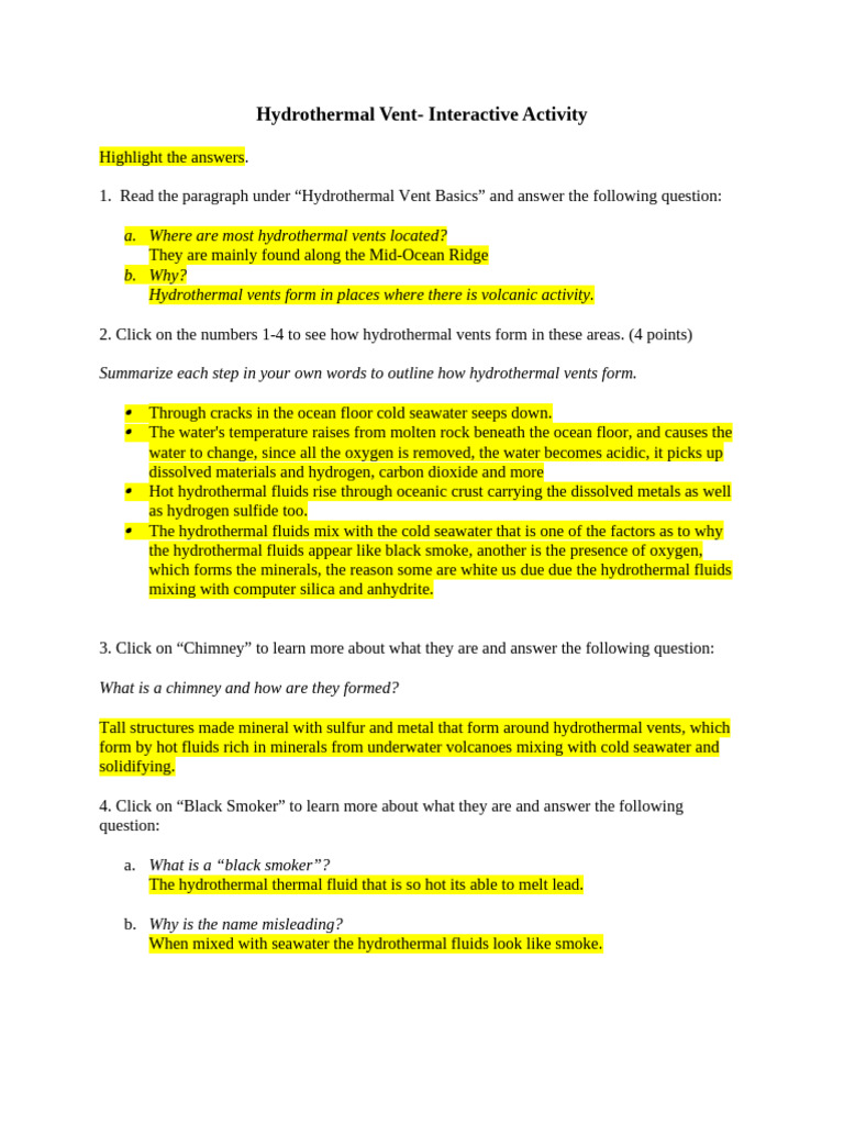 Hydrothermal Vents Interactive Activity | PDF | Hydrothermal Vent ...