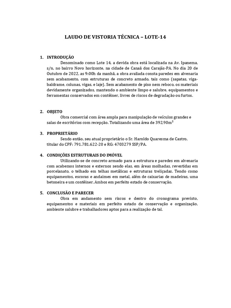 Laudo Vistoria Técnica Lote 14 Canaã | PDF | Negócios | Casa e Jardim