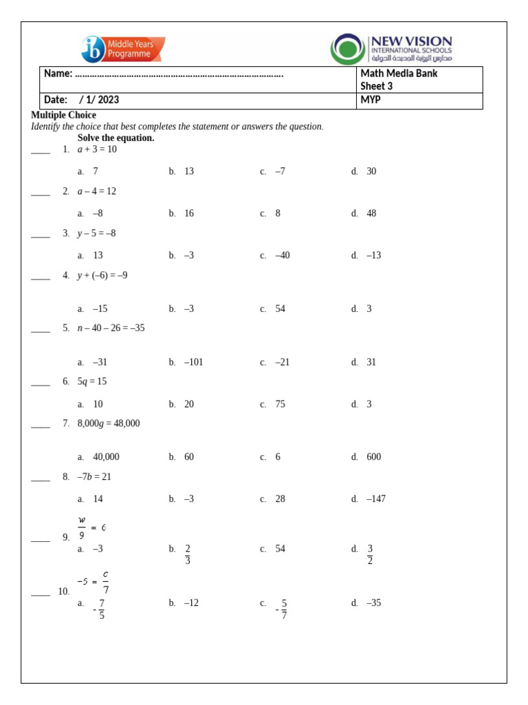 Work Sheet On Solving Equations | PDF | Teaching Methods & Materials