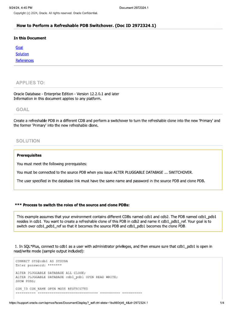 How To Perform A Refreshable PDB Switchover. (Doc ID 2972324.1) | PDF