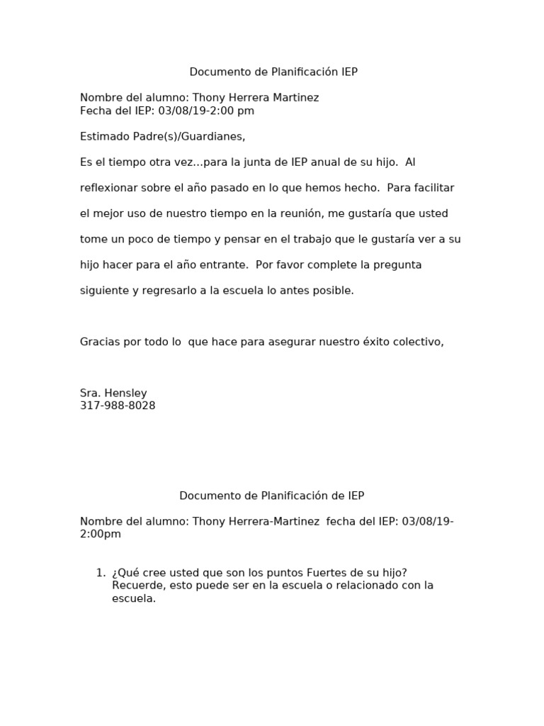 IEP Planning Document Spanish | PDF