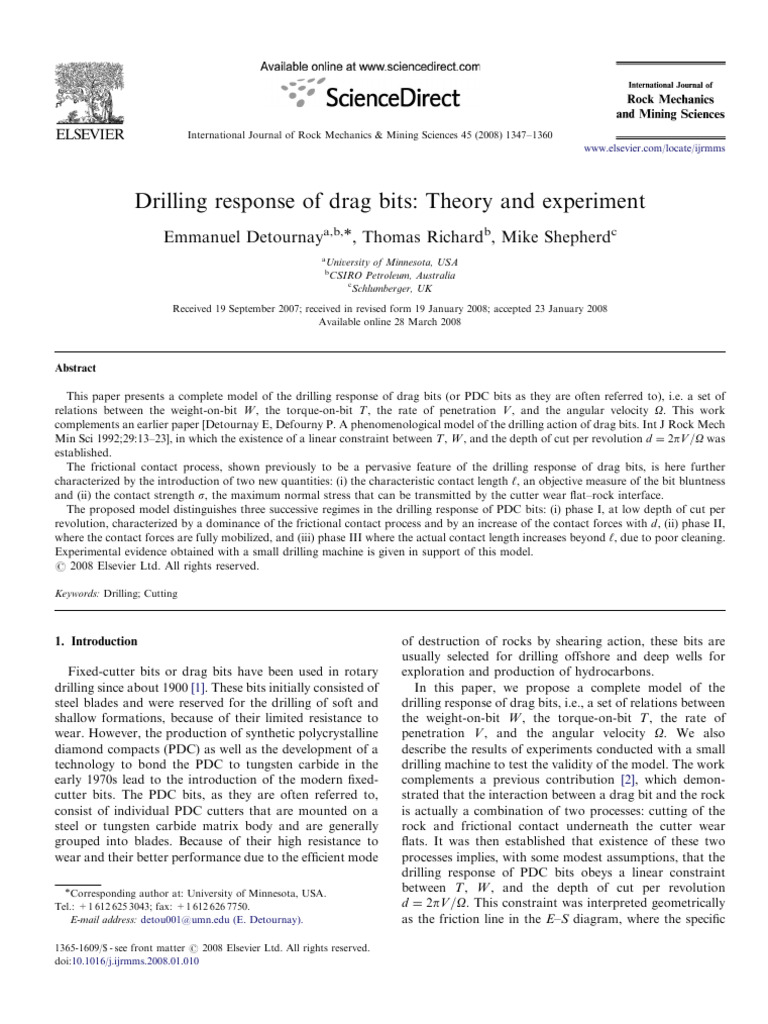 Drilling Response of Drag Bits Theory and Experiment | PDF | Rotation Around A Fixed Axis ...
