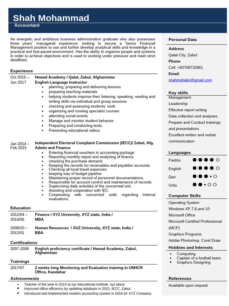 One Page CV Format | PDF | Computing