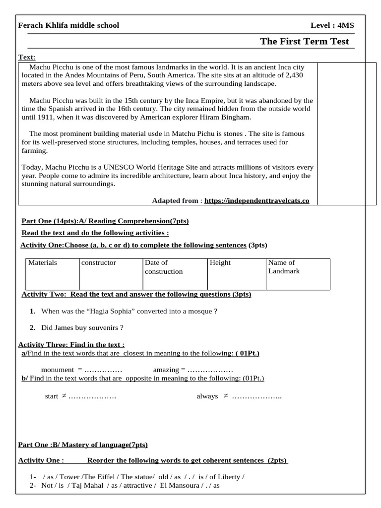 4 Ms First Term Test 1 2024 | PDF | Machu Picchu