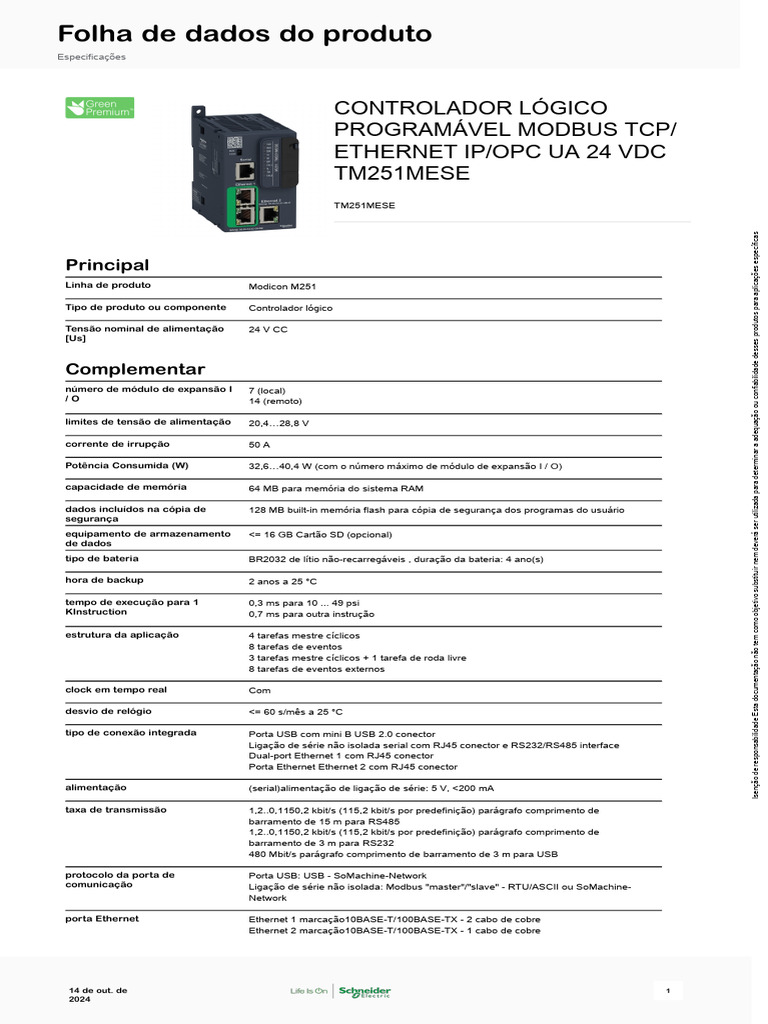 Schneider Electric Controlador Lógico Modicon M251 TM251MESE | PDF | Armazenamento de dados de ...