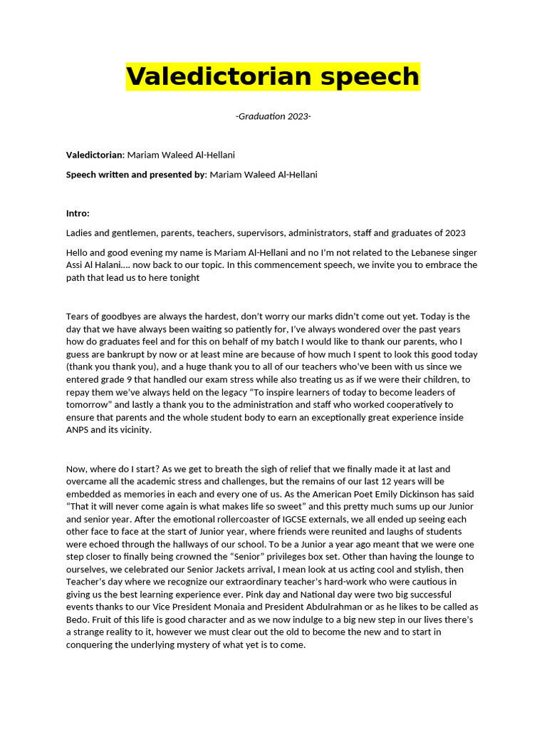 Valedictorian Speech by Mariam Al-Hellani | PDF | Self-Improvement