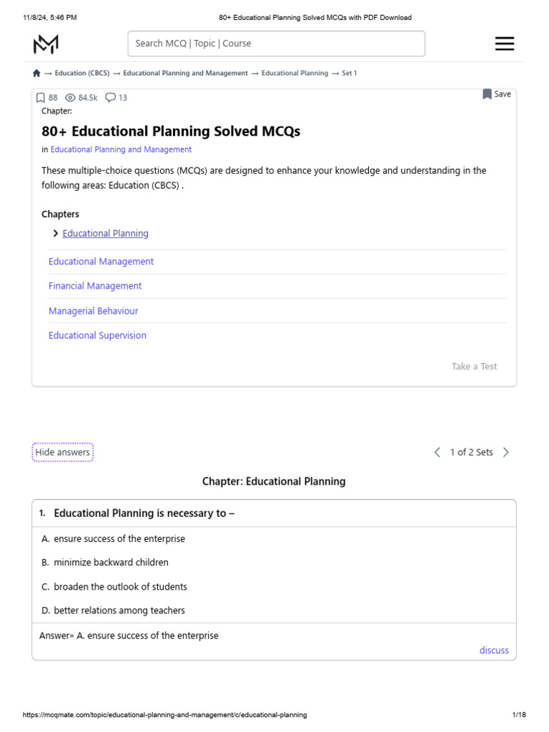 Educational Planning MCQs and Answers | PDF | Multiple Choice | Planning