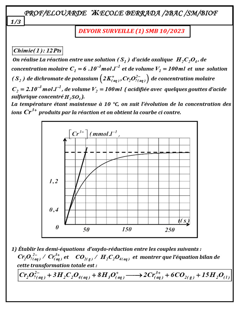 2bac Biof DS (1) GSB PC (3) 03-12-20211 | PDF | Concentration molaire | Physique appliquée et ...