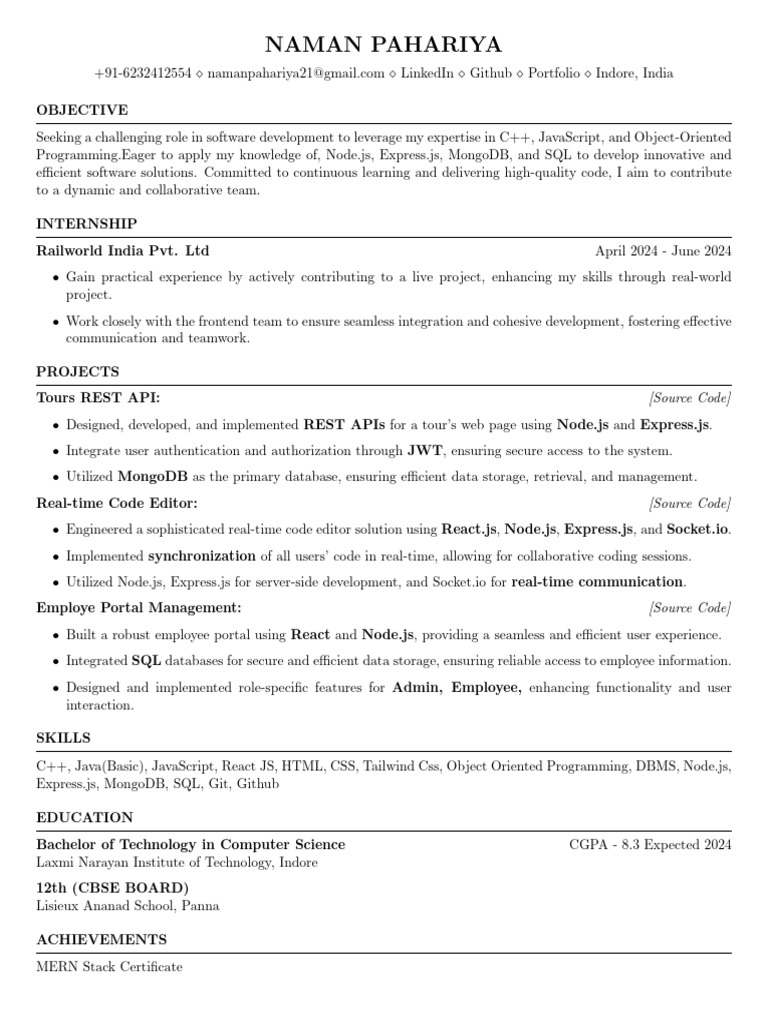 Naman Pahariya Resume | PDF | Databases | Java Script