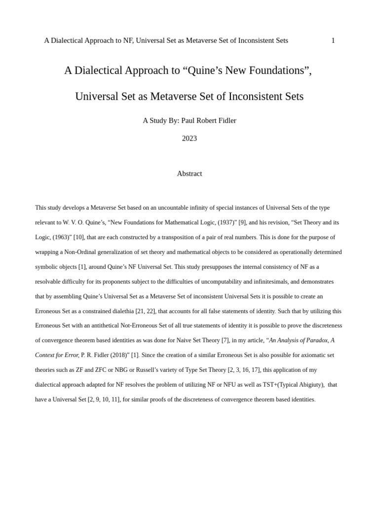 A Dialectic Approach To Quines NF Univer | PDF | Set (Mathematics ...