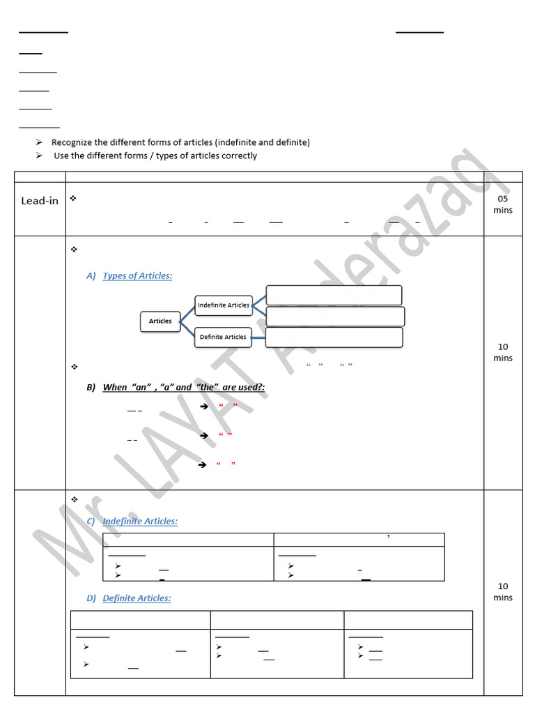 Definite and Indefinite Articles Lesson | PDF | Linguistics ...