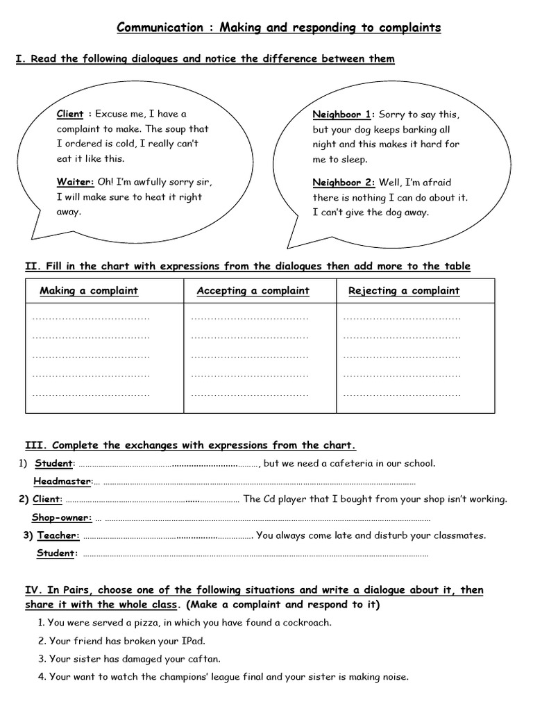 Making and Responding To Complaints WORKSHEET | PDF