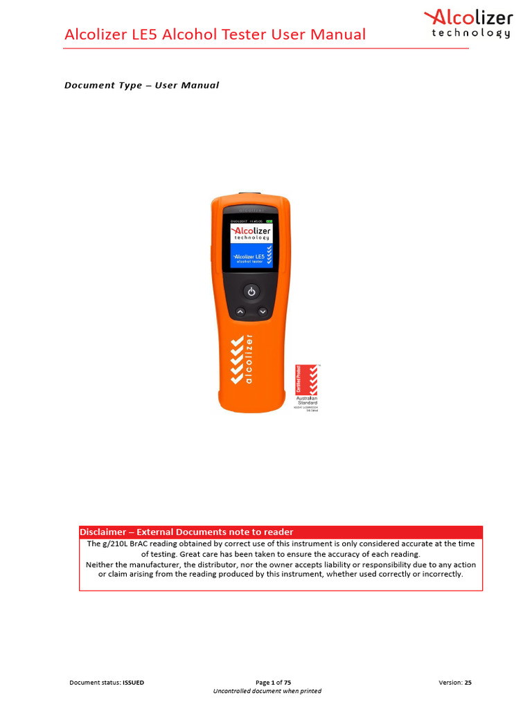 Alcolizer LE5 Alcohol Tester User Manual v25 | PDF | Battery Charger