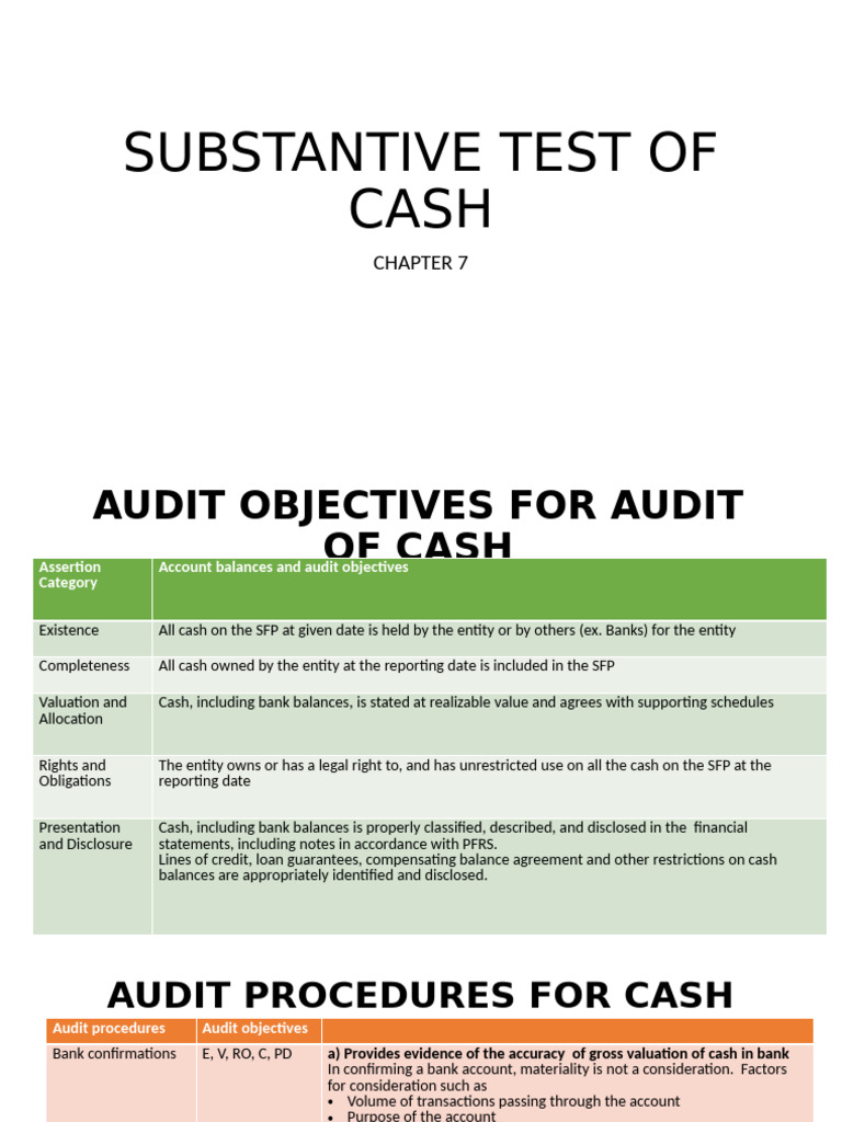 Substantive Tests for Cash Audit | PDF | Banks | Audit