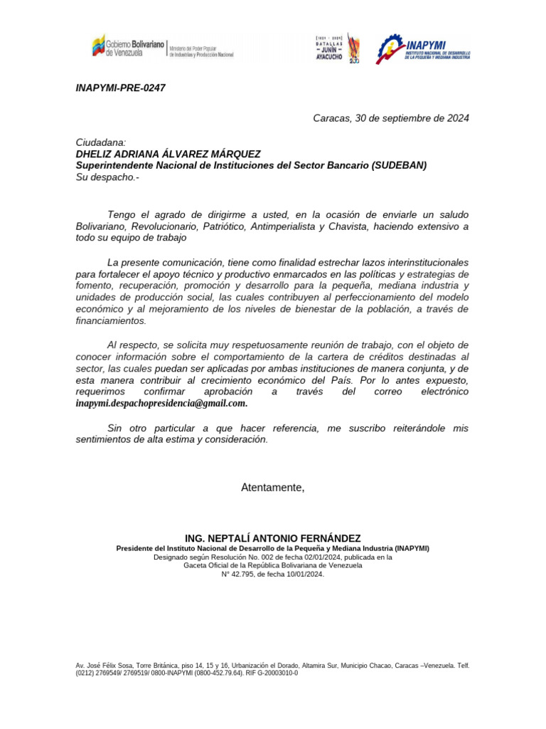 Oficio 0247 Solic. de Reunion de Trabajo - Sudeban | PDF
