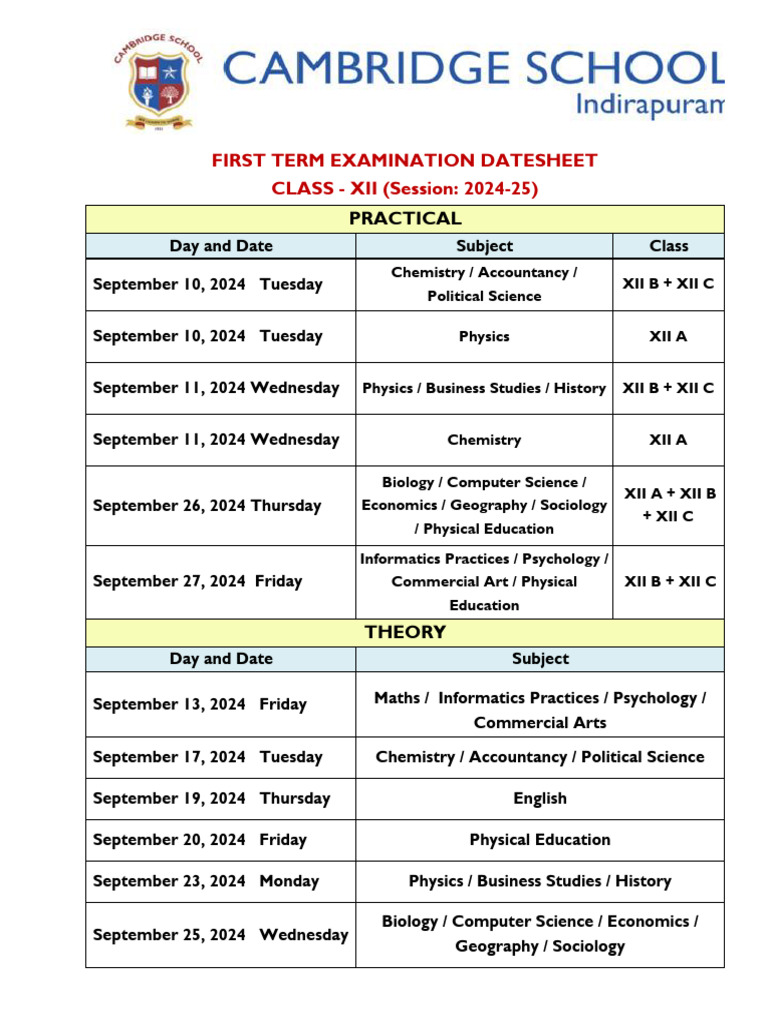 Class XII First Term Exam Schedule 2024 | PDF
