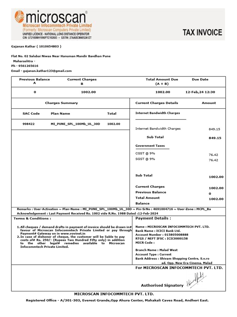 Feb Broadband Bill 2024 | PDF | Cheque | Payments
