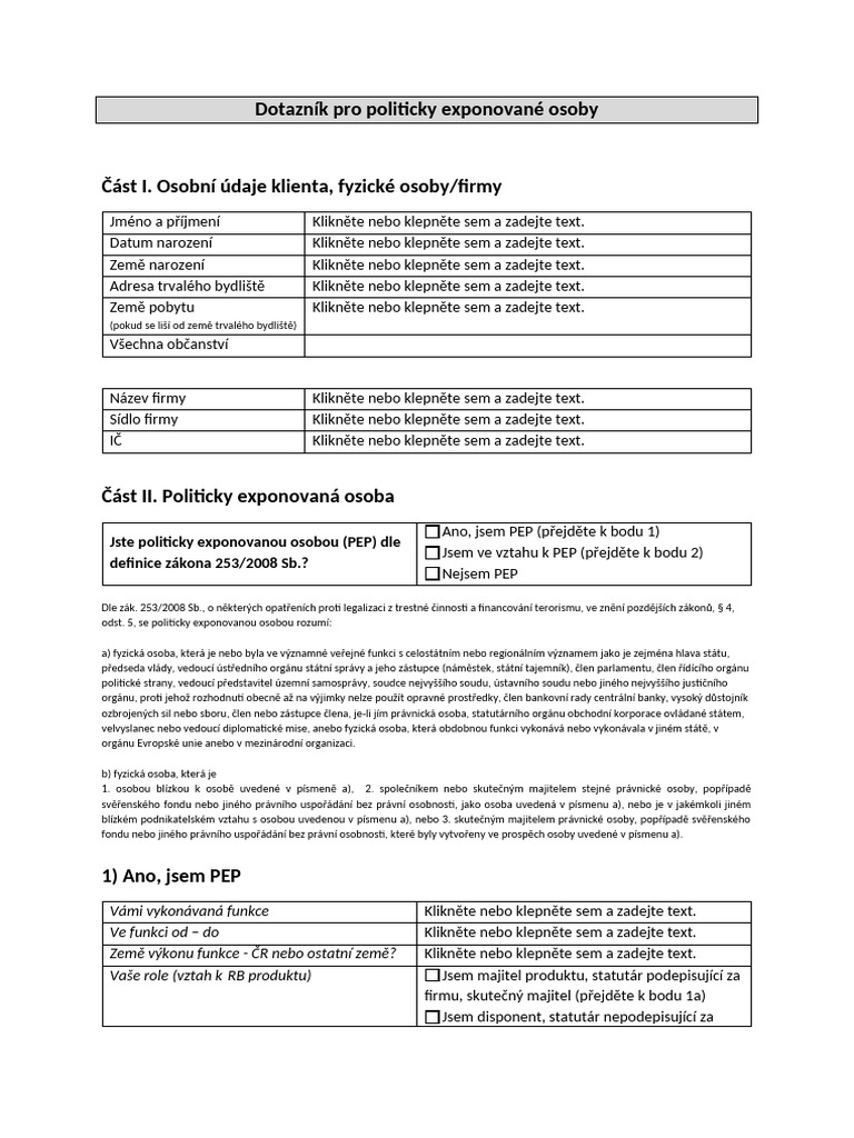 Dotaznik Pro Politicky Exponovane Osoby | PDF