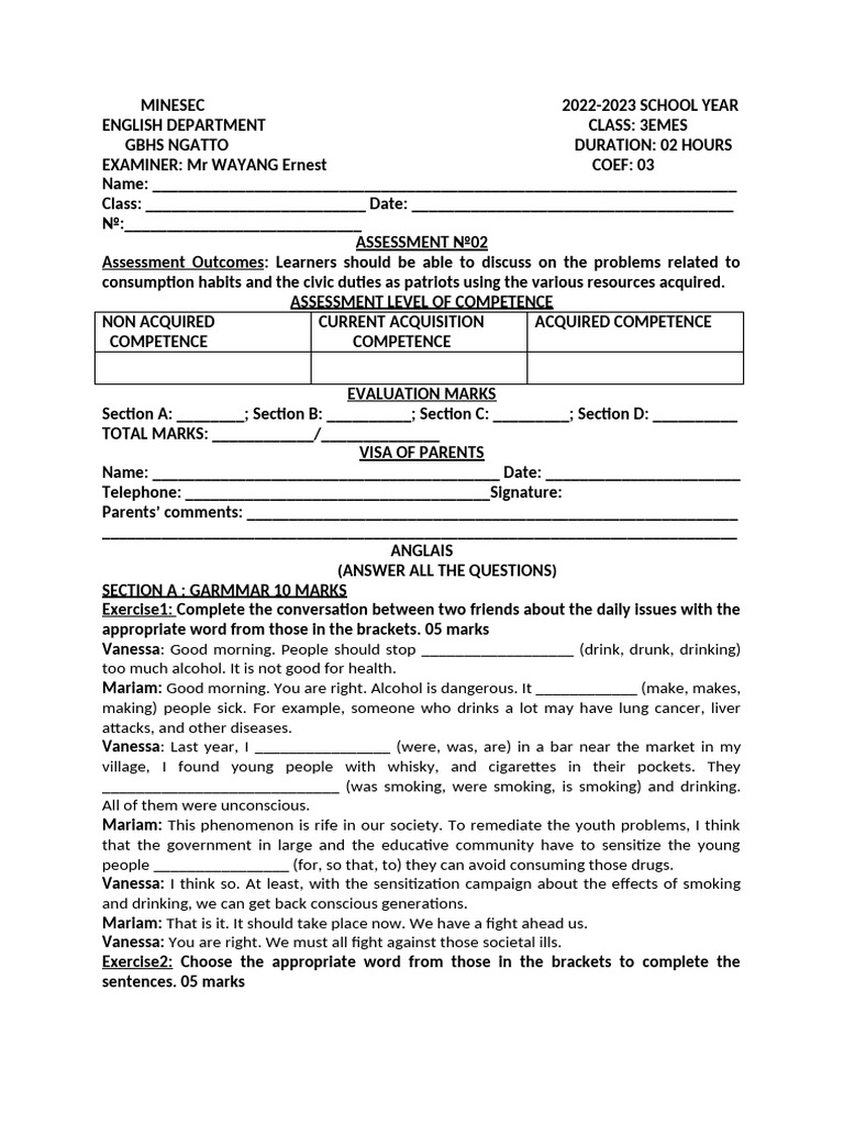 3emes Second Evaluation GBHS Ngatto 2022-23 | PDF | Substance ...