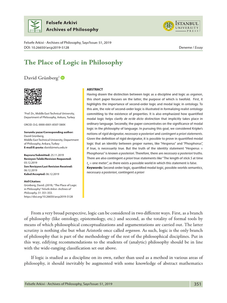 The Place of Logic in Philosophy | PDF | Logic | Modal Logic