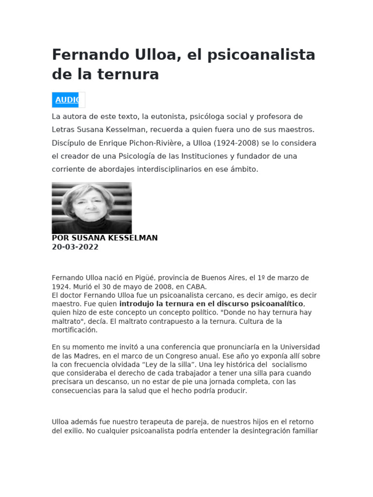 La ternura en el psicoanálisis de Ulloa | PDF | Psicoanálisis | Sicología