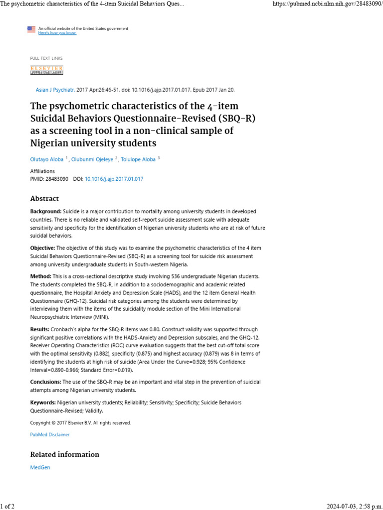 The Psychometric Characteristics of The 4-Item Suicidal Behaviors ...