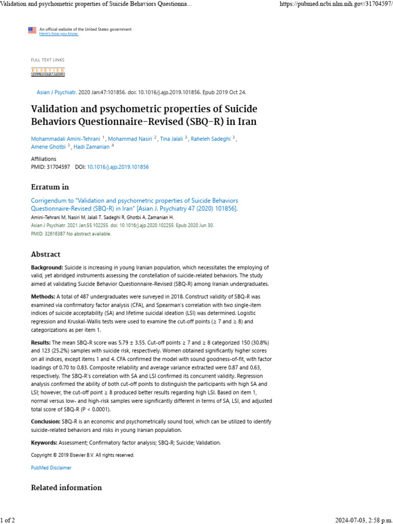 Validation And Psychometric Properties Of Suicide Behaviors Questionnaire Revised Sbq R In